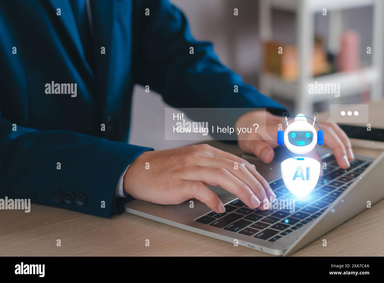 Chat robot ai assistant concept. Businessman show command prompt to smart ai chatbot. Modern ...
