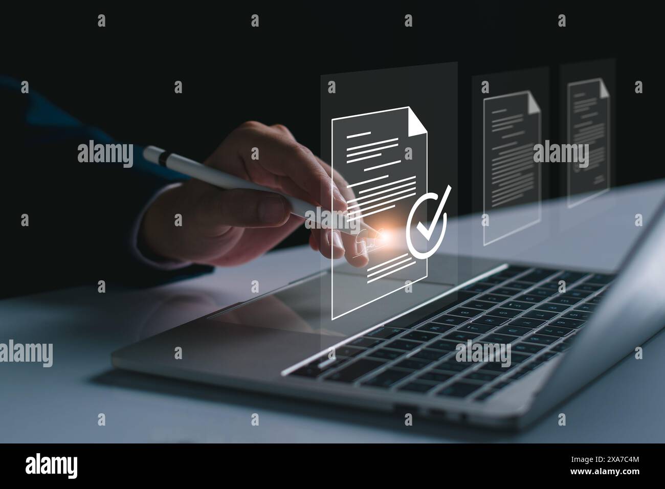 Electronic document signature concept. Document management man sign an ...