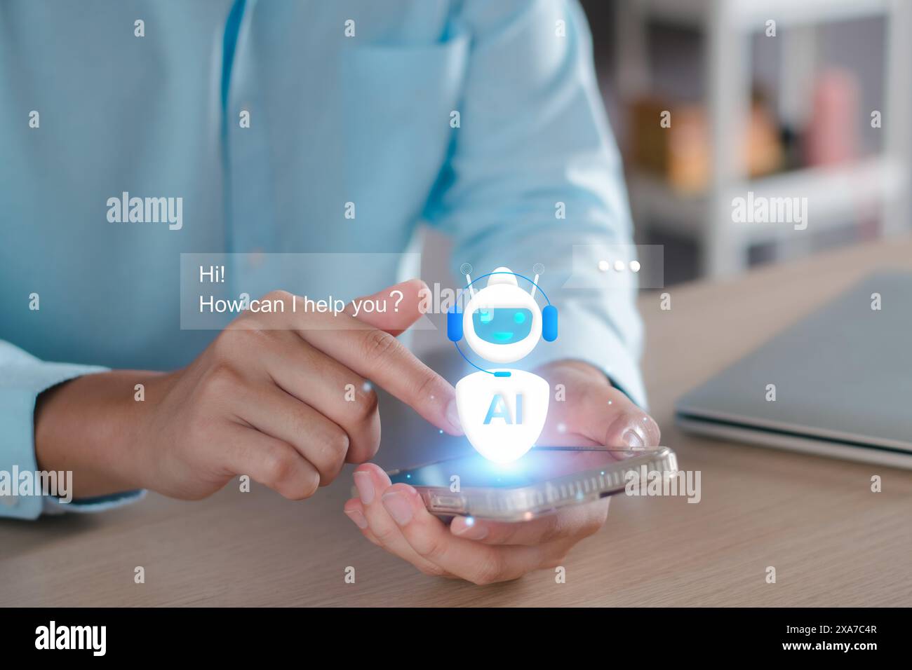 Chat robot ai assistant concept. Businessman show command prompt to smart ai chatbot. Modern ...