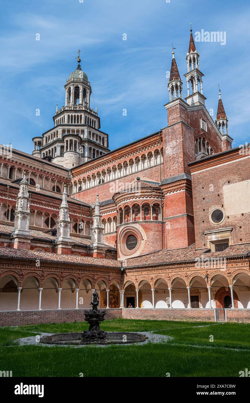 small cloister with a garden in the middle, Certosa di Pavia monastery ...