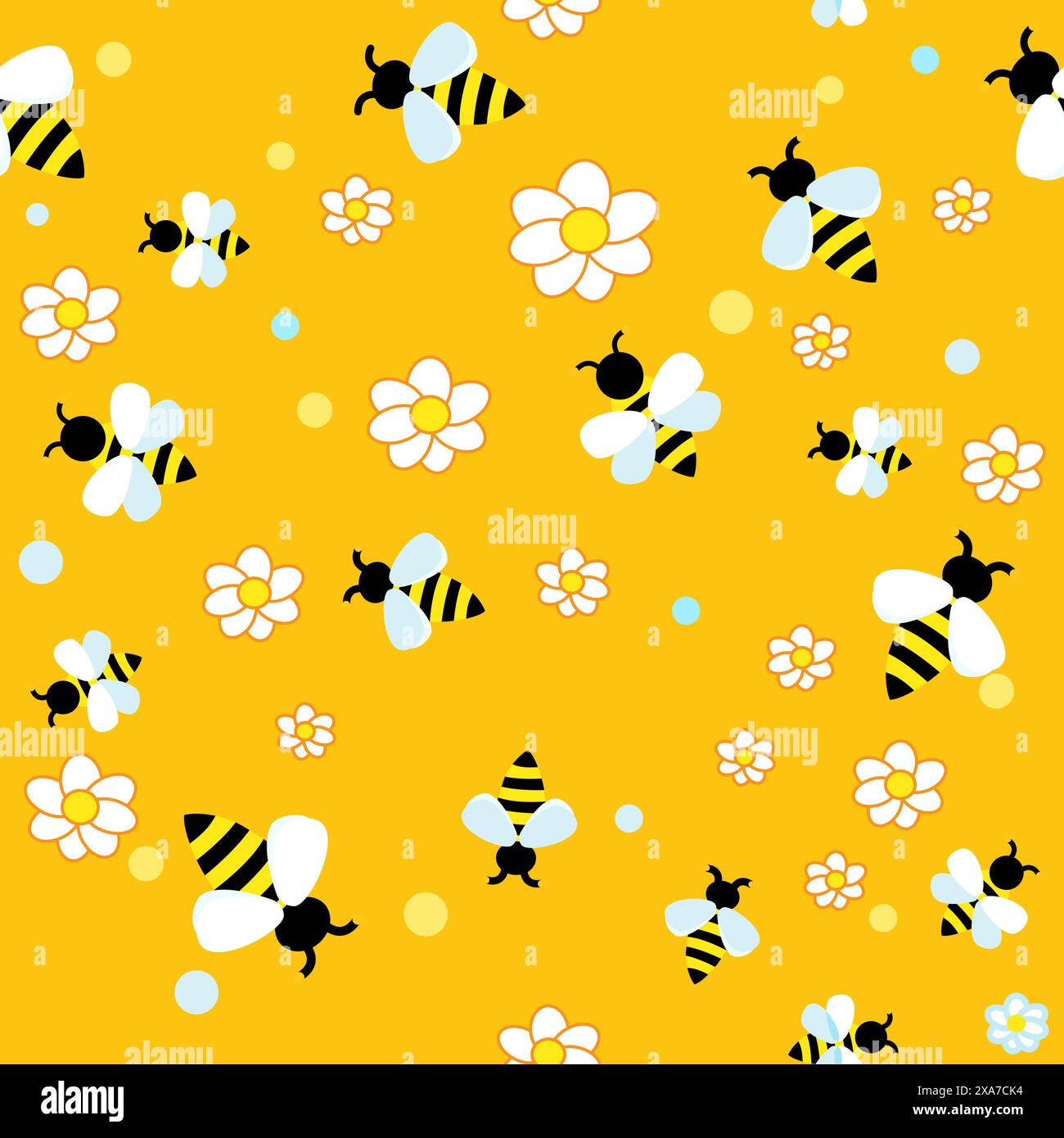 Cute striped Bee around white flowers chamomile. Vector Seamless ...