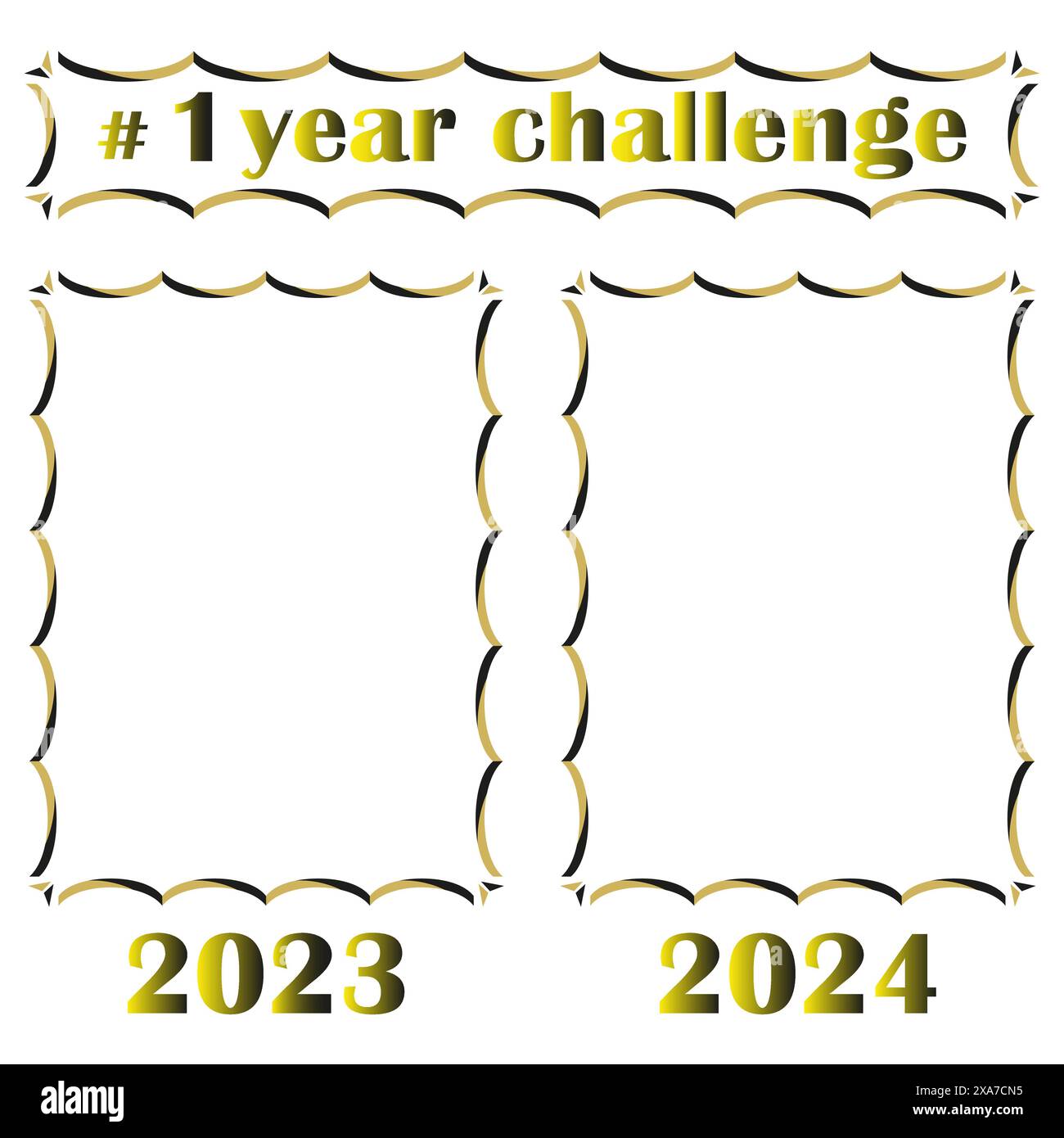 1 year challenge. Gold and black frames. 2023 and 2024. Vector template ...