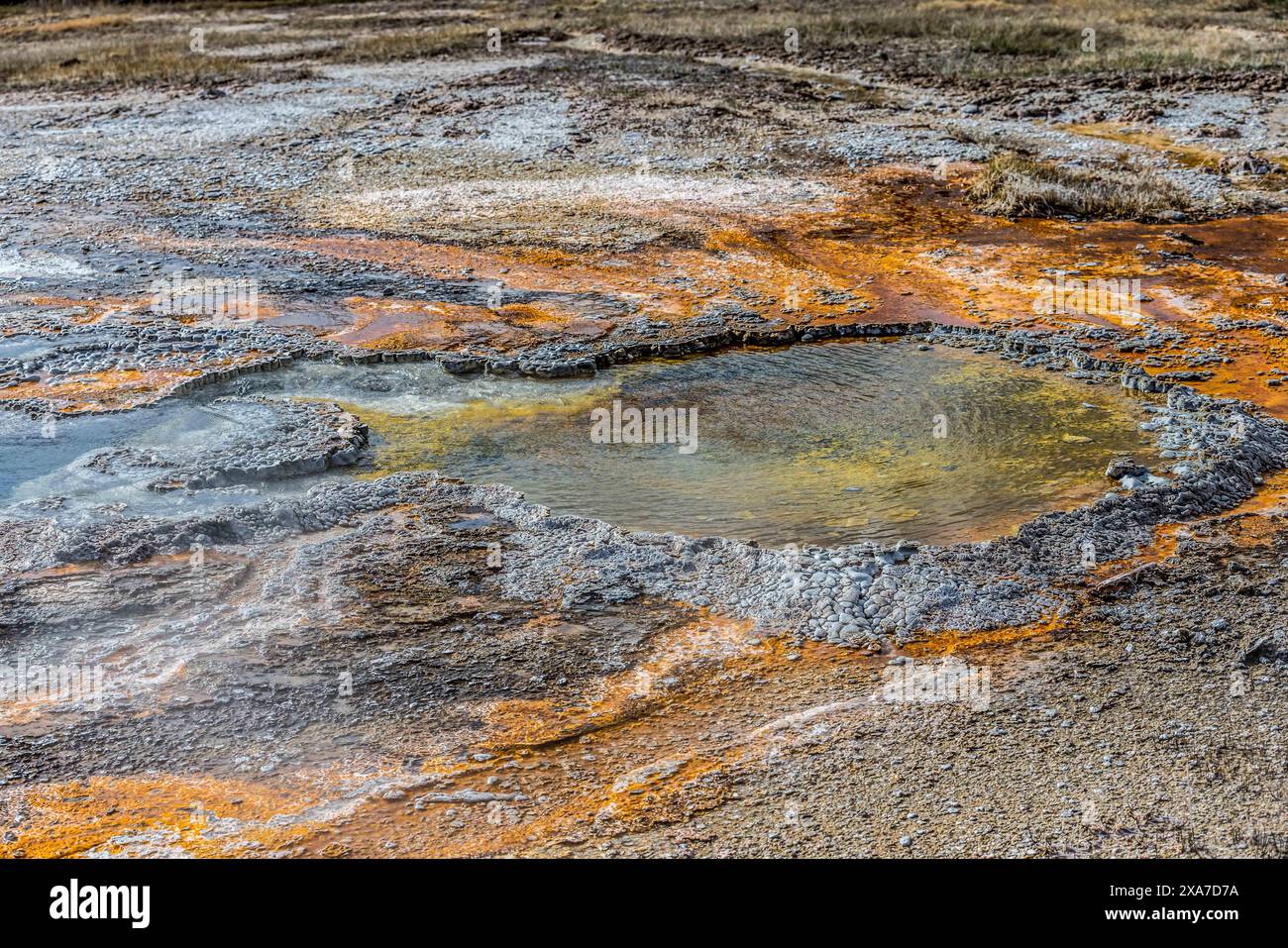 A bubbling lake with a central orange substance and vibrant orange ...