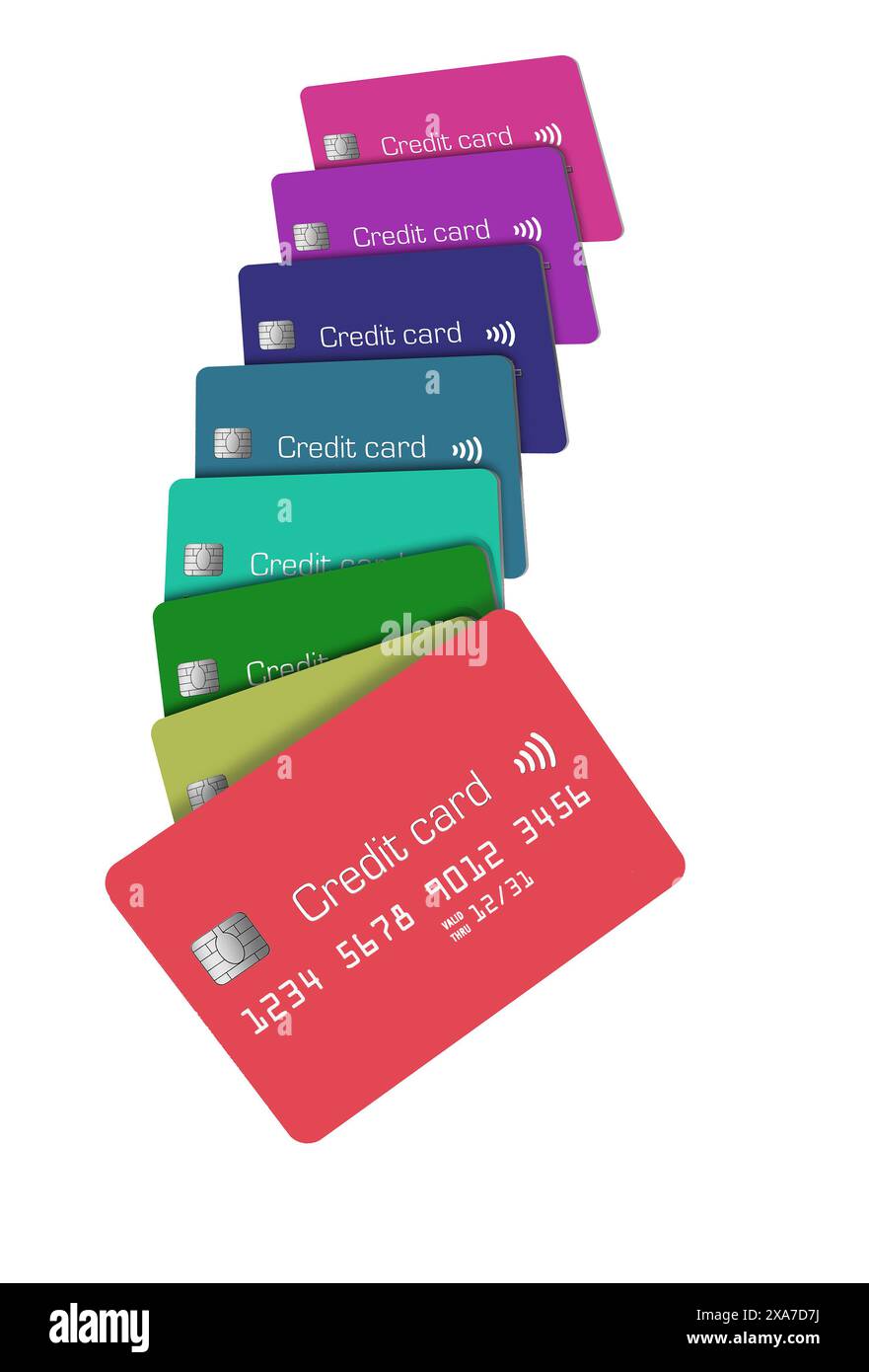 Generic, mock credit cards or debit cards are seen in this 3-d ...