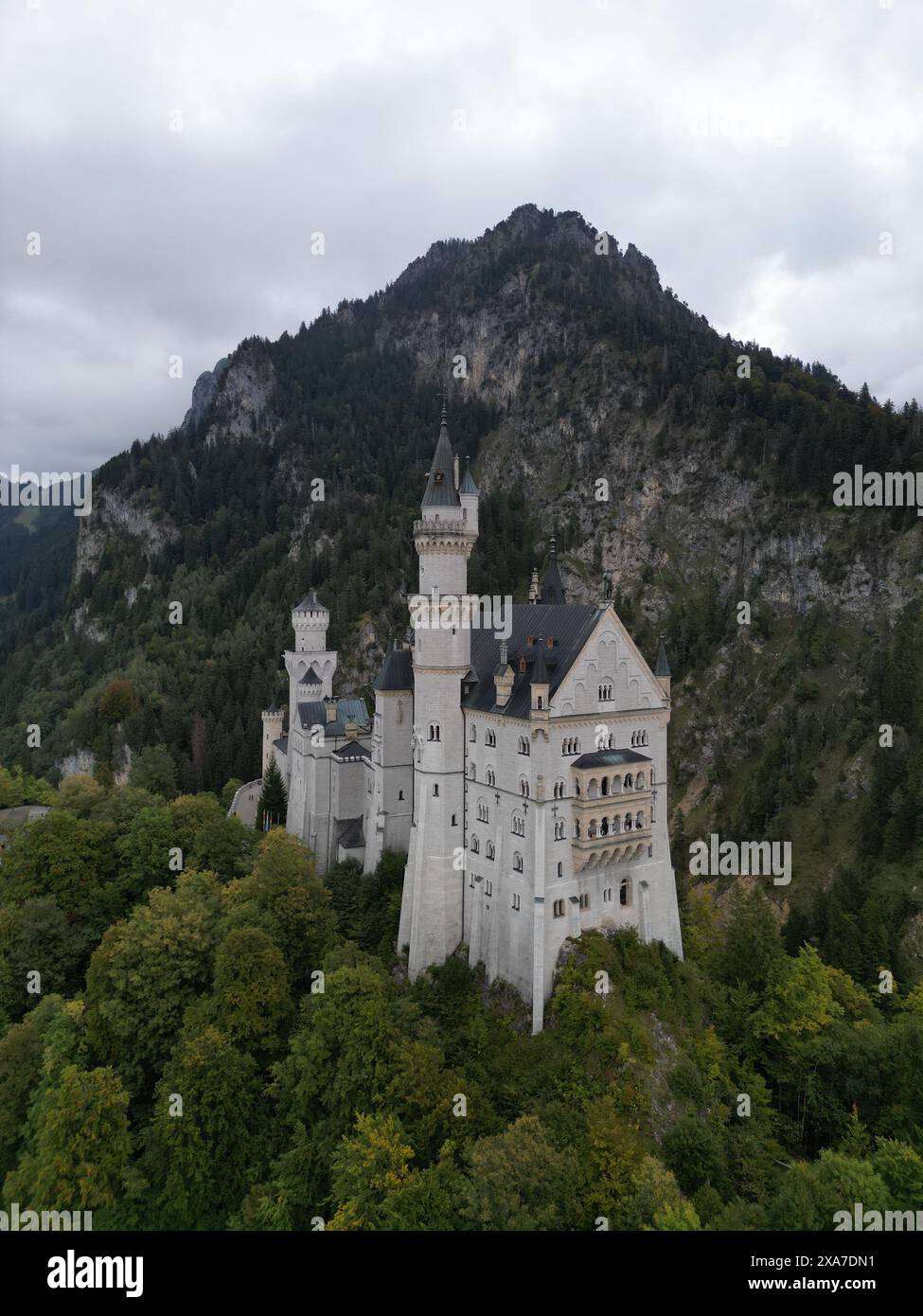 An aerial view of a castle nestled among lush trees and mountains Stock ...