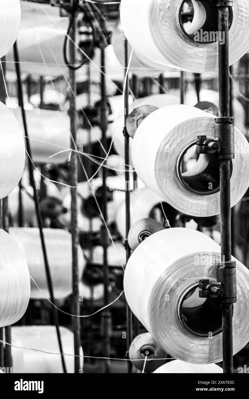A monochrome of cotton thread bobbin on a cop winder weft assembly line ...