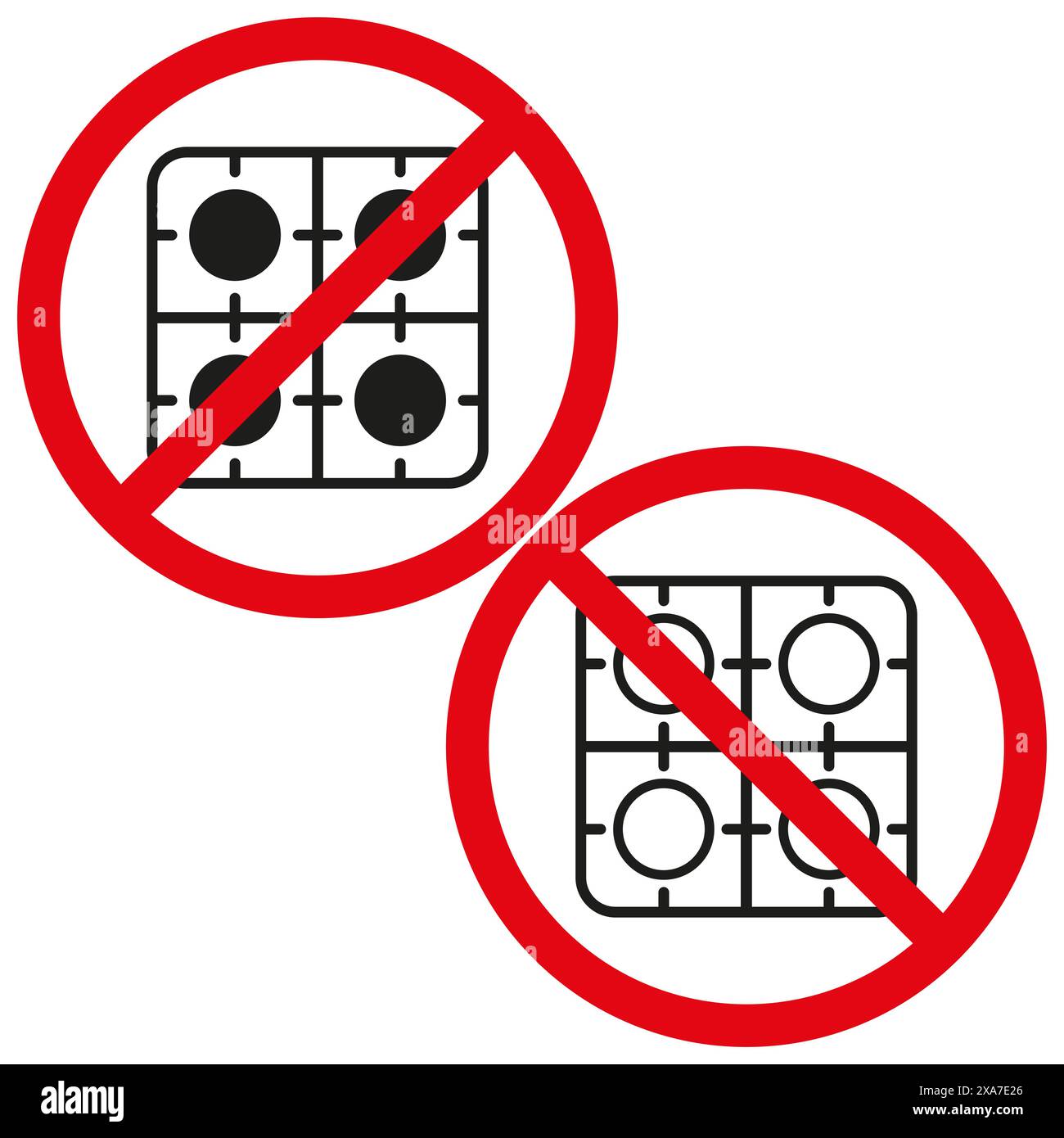 No gas stove. Red prohibition signs. Kitchen appliance. Vector icons ...