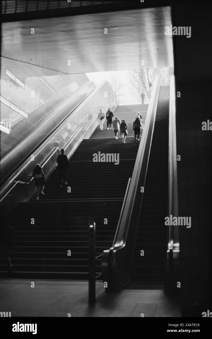 A monochrome image of people descending on escalator Stock Photo - Alamy