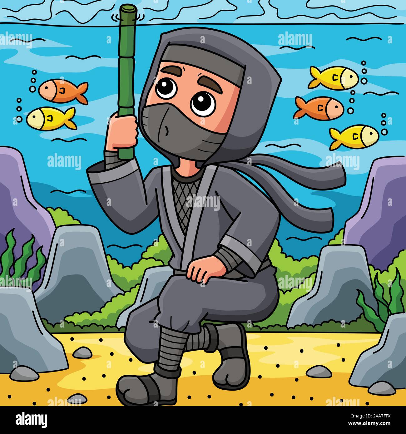 Ninja Hiding Under the Water Colored Cartoon Stock Vector Image & Art ...