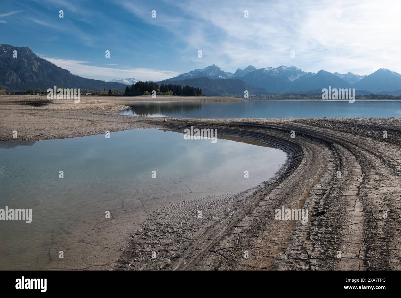 View of the water basins in the dried-up Forggensee, Bavaria, Germany ...