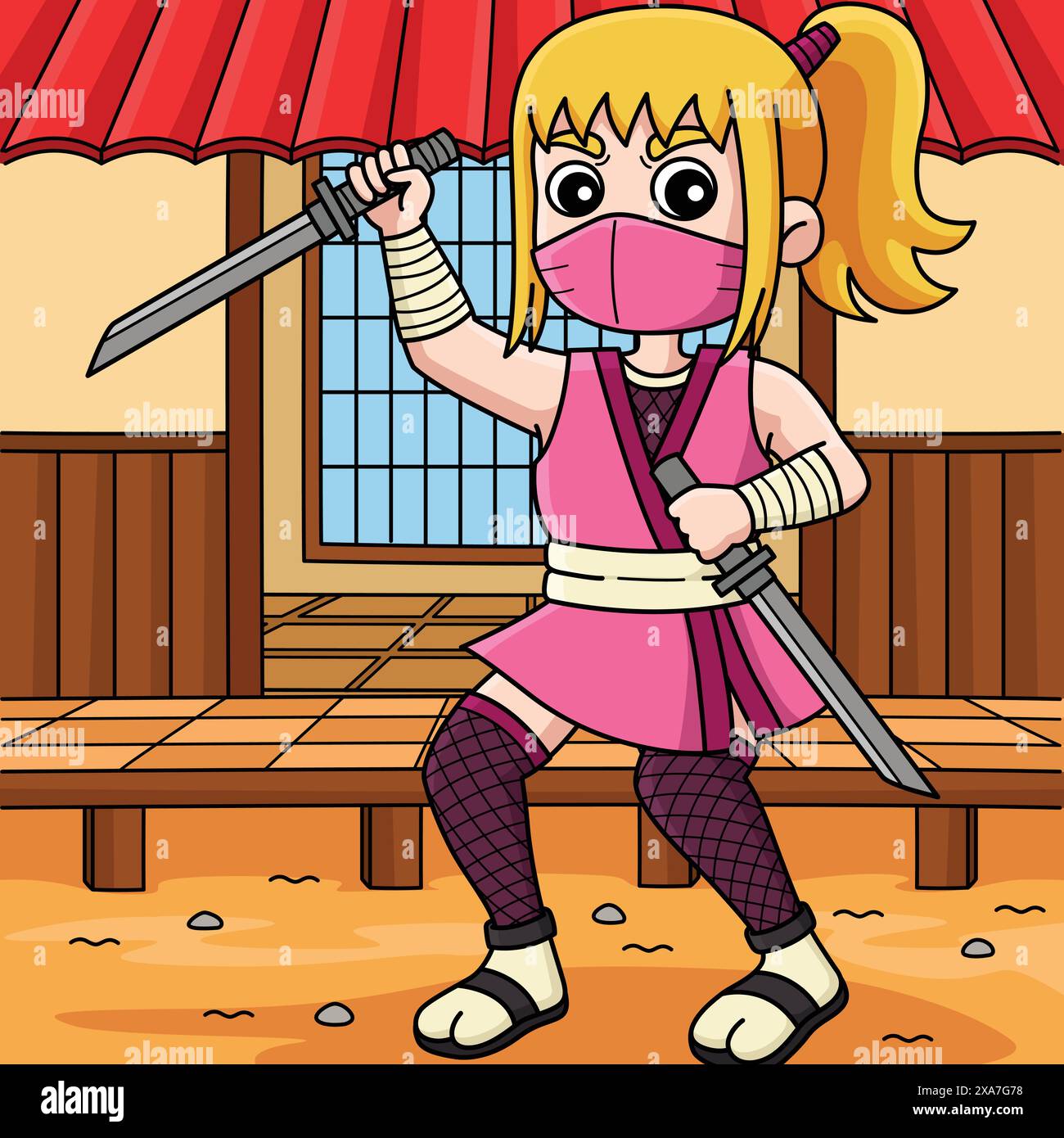 Ninja kunoichi Two Short Katanas Colored Cartoon Stock Vector Image ...