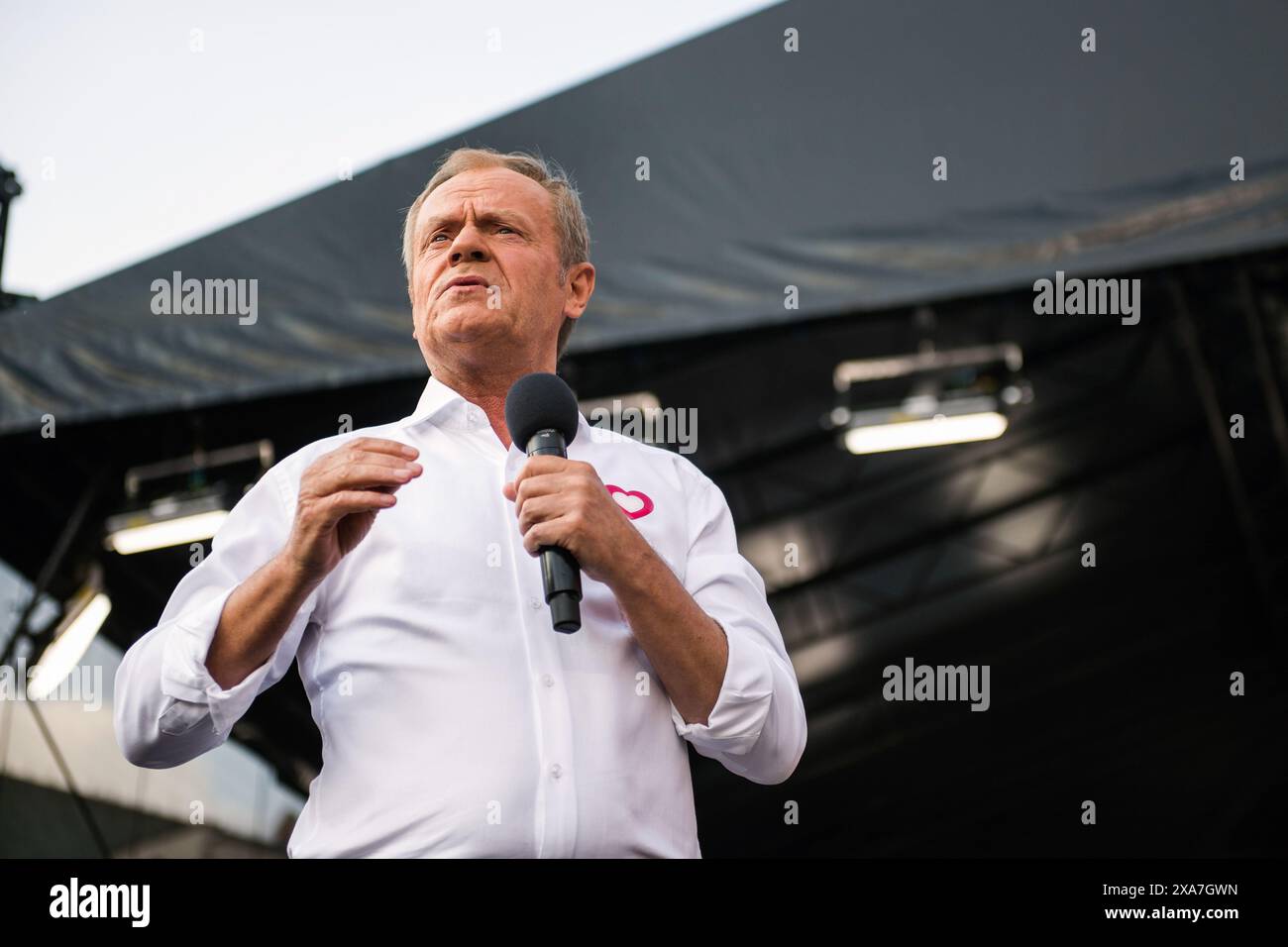 Prime Minister Donald Tusk speaks to the crowd during the pro-EU rally ...