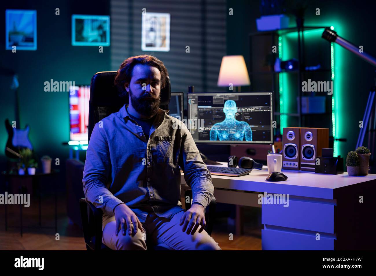 Rogue AI gaining consciousness and controlling engineer mind, scifi dystopian scenario ...