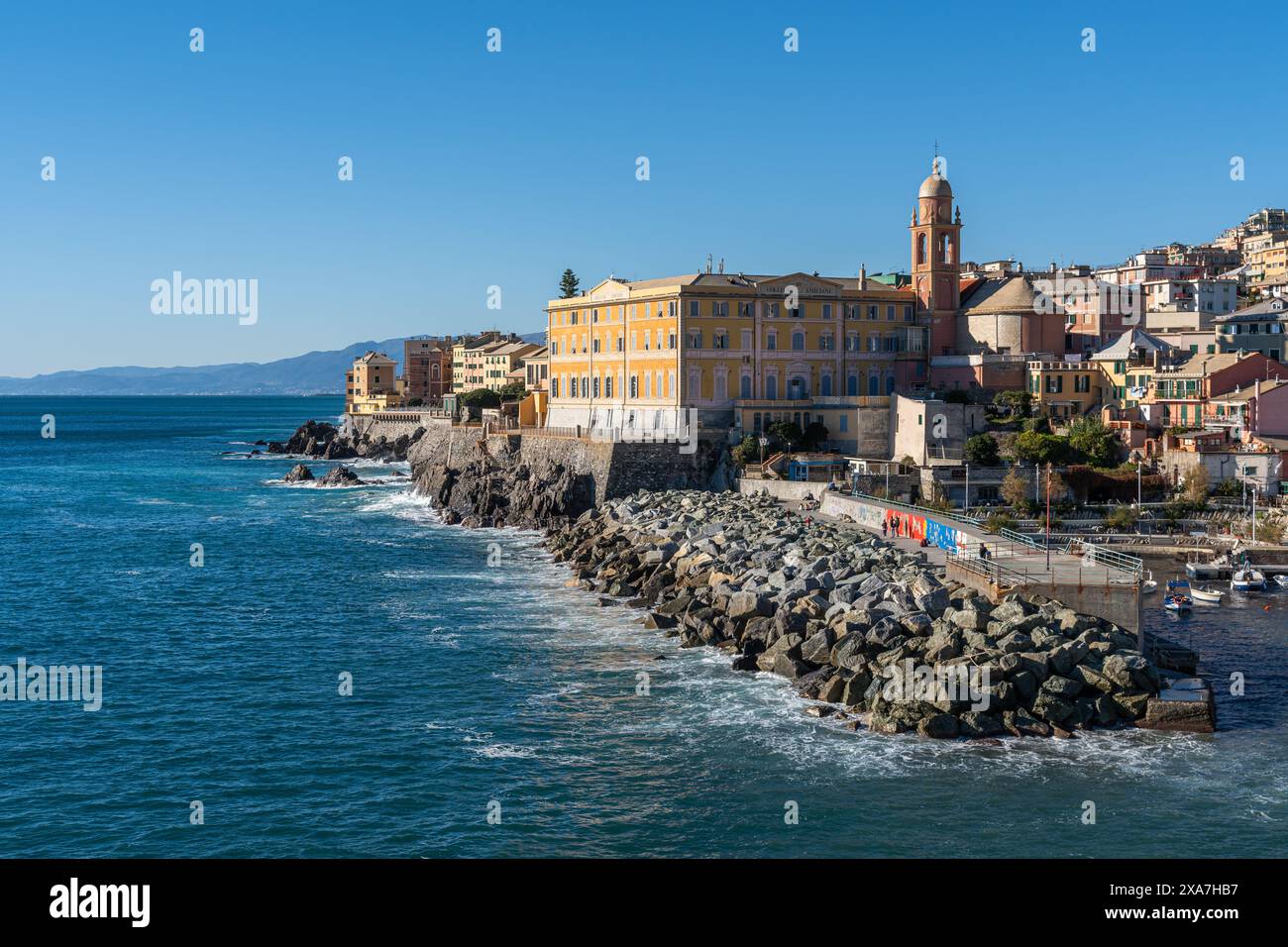 View of waterfront landscape of Genova Nervi. The buildings overlook ...