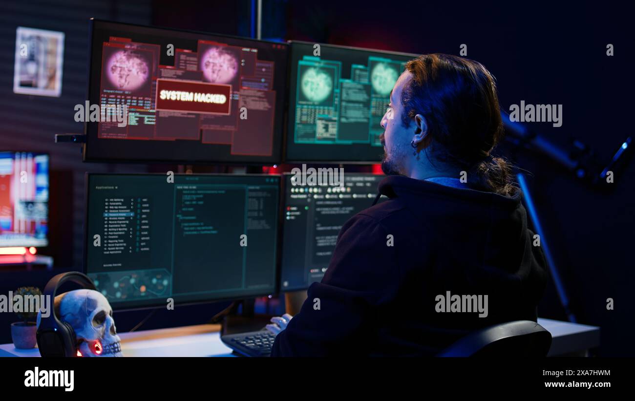 Happy hacker in apartment having burst of joy after managing to steal ...