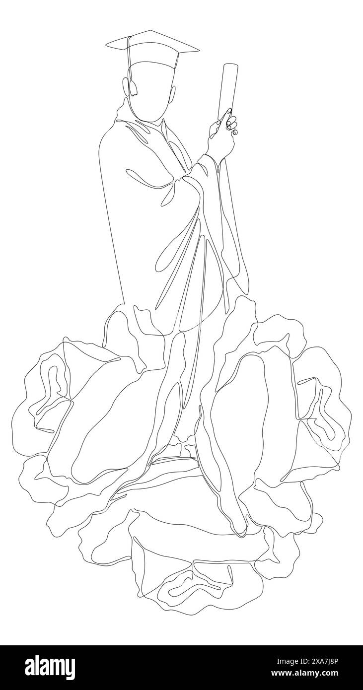 One continuous line of Graduation, man wearing Mortarboard with rose ...