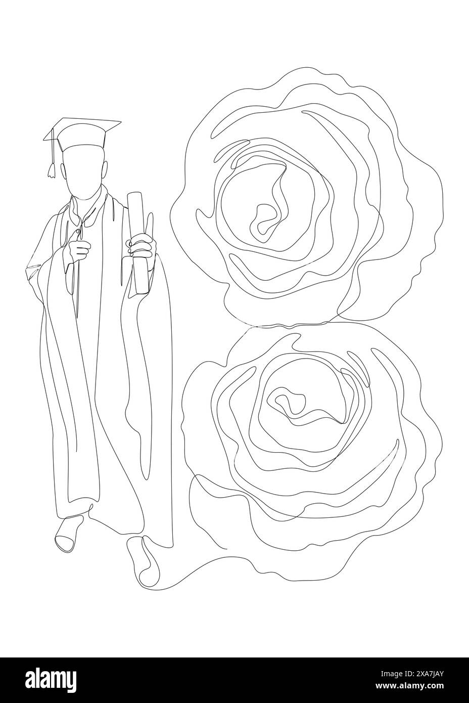One continuous line of Graduation, man wearing Mortarboard with rose ...