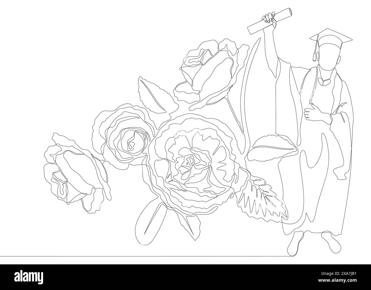 One continuous line of Graduation, man wearing Mortarboard with rose ...