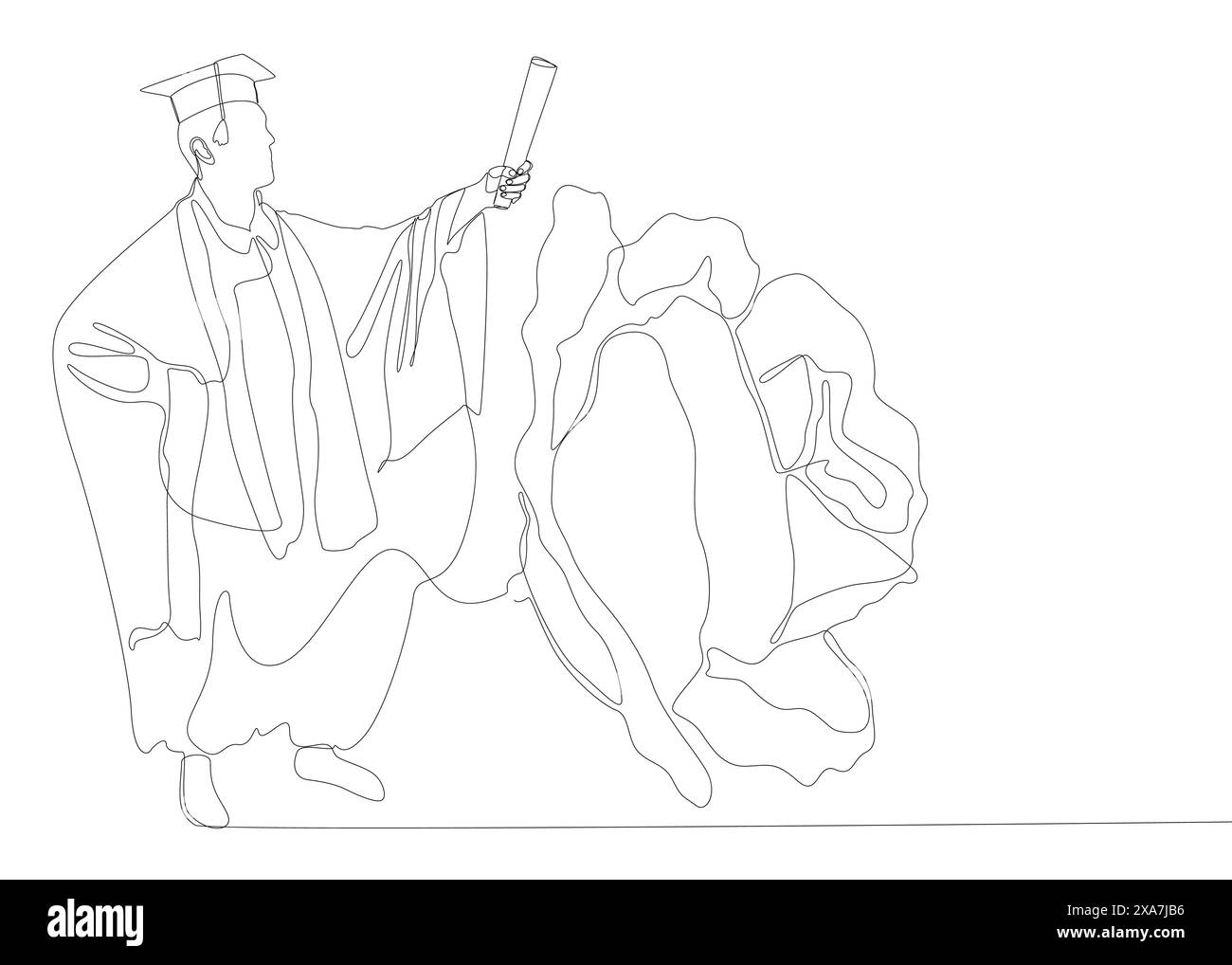 One continuous line of Graduation, man wearing Mortarboard with rose ...