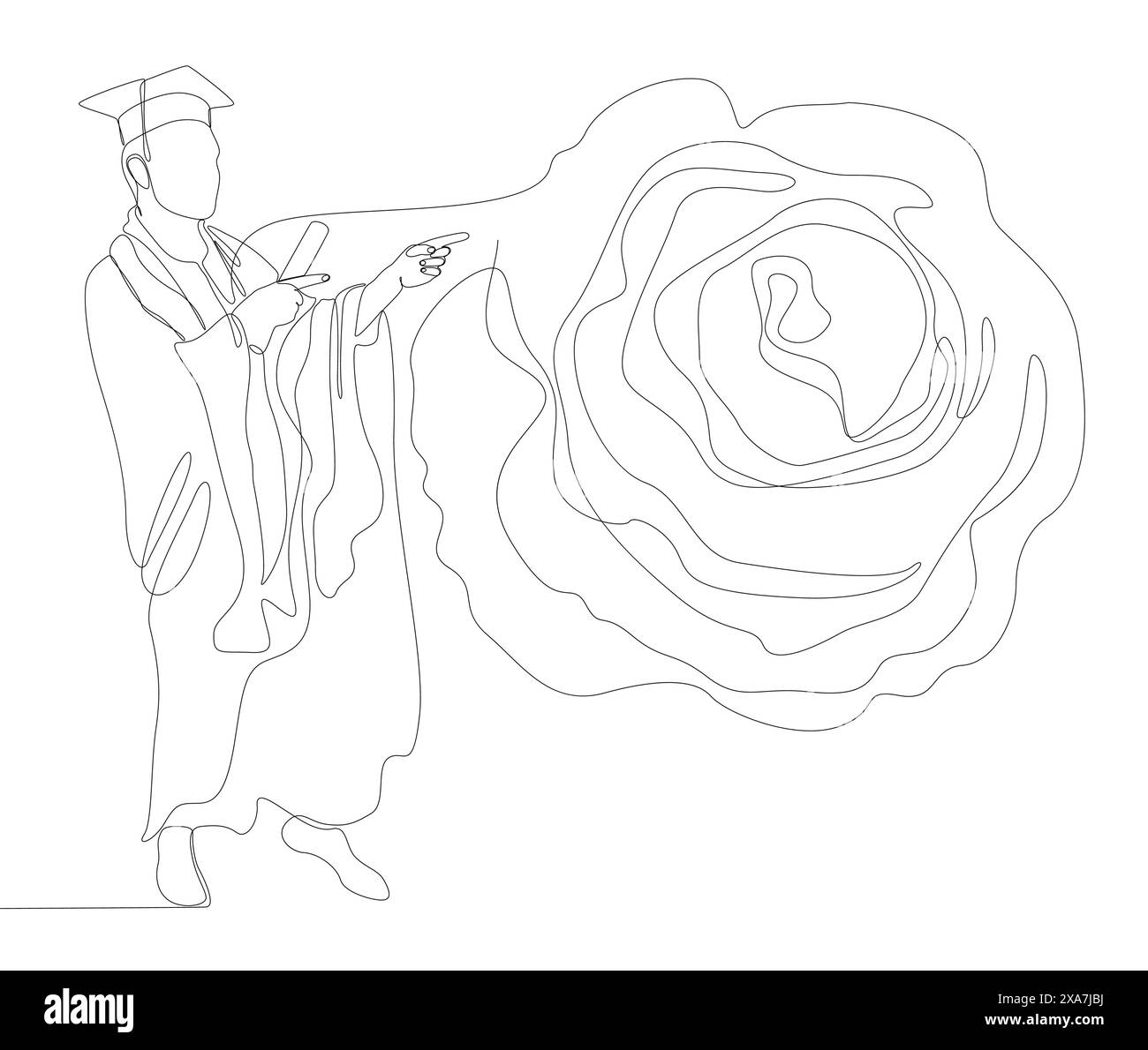 One continuous line of Graduation, man wearing Mortarboard with rose ...