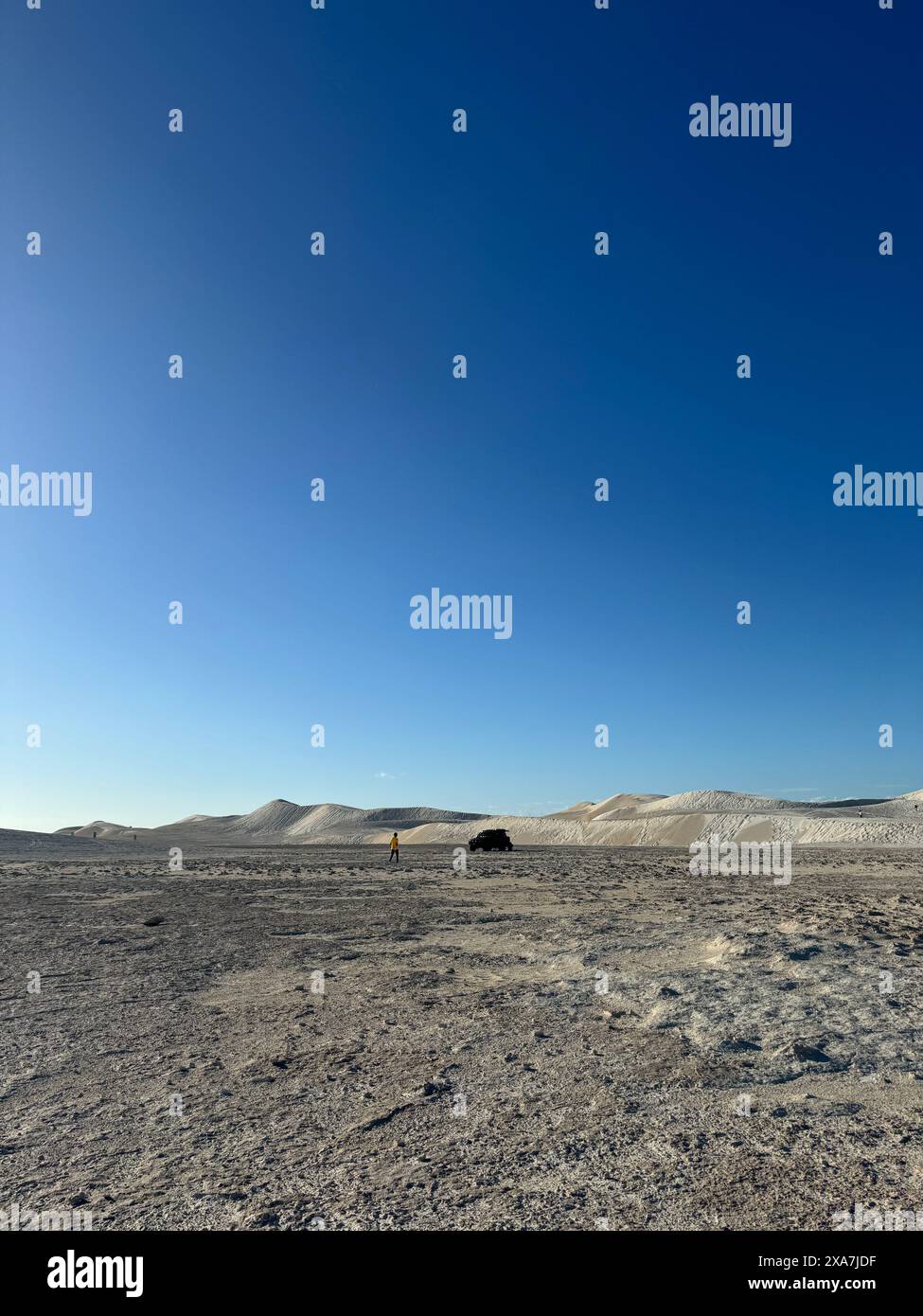 A desolate desert landscape with snow-covered dunes under a clear blue ...