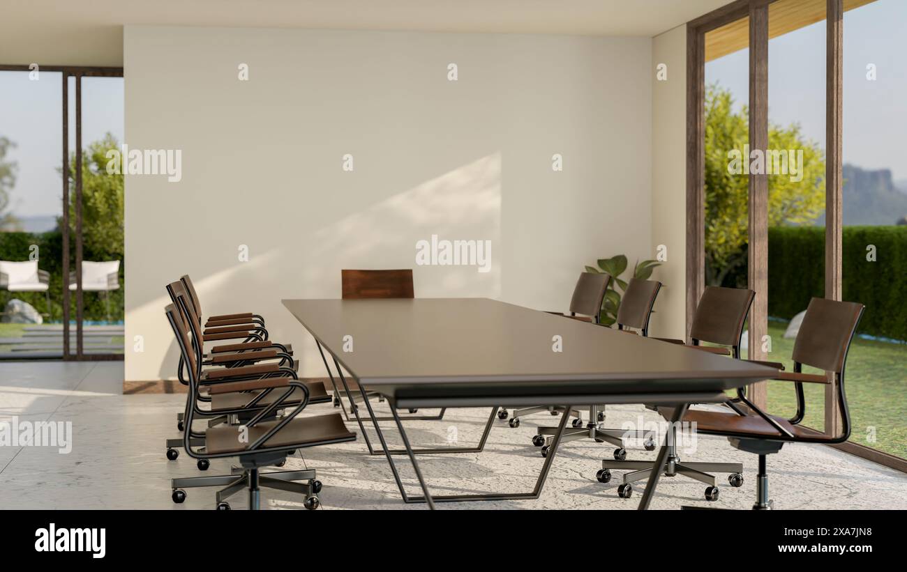 The interior design of a contemporary meeting room with a meeting table ...