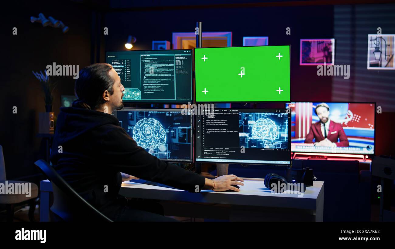 Hacker Using Green Screen Monitor And Artificial Intelligence To Write Spyware Software