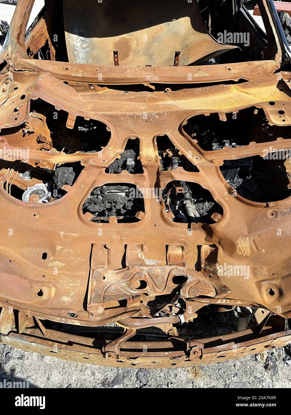 Old abandoned burned car after explosion accident. Car insurance Stock ...