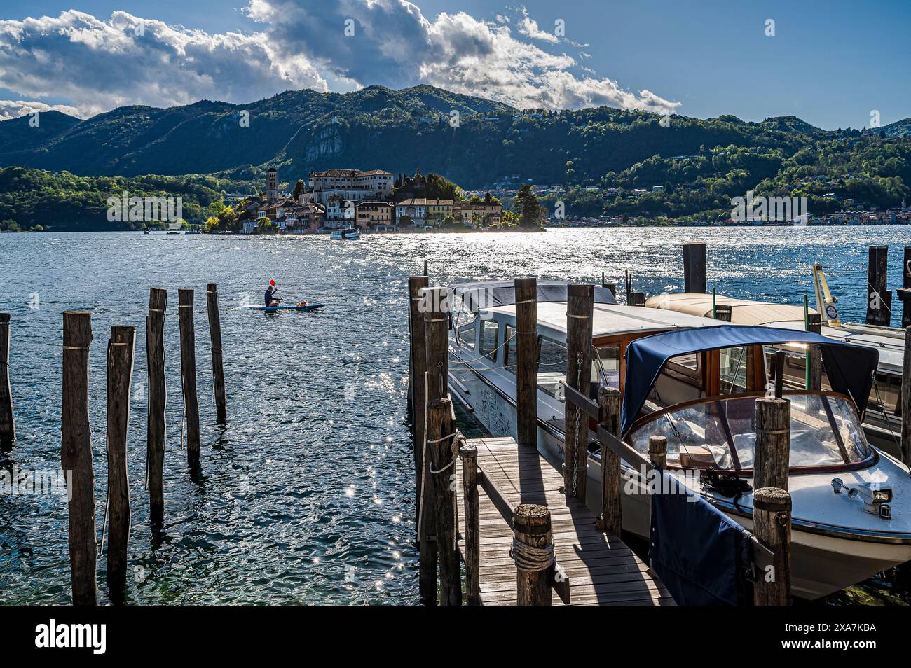 Kayak, view of Isola San Giulio from the port of Orta San Giulio, Lake ...