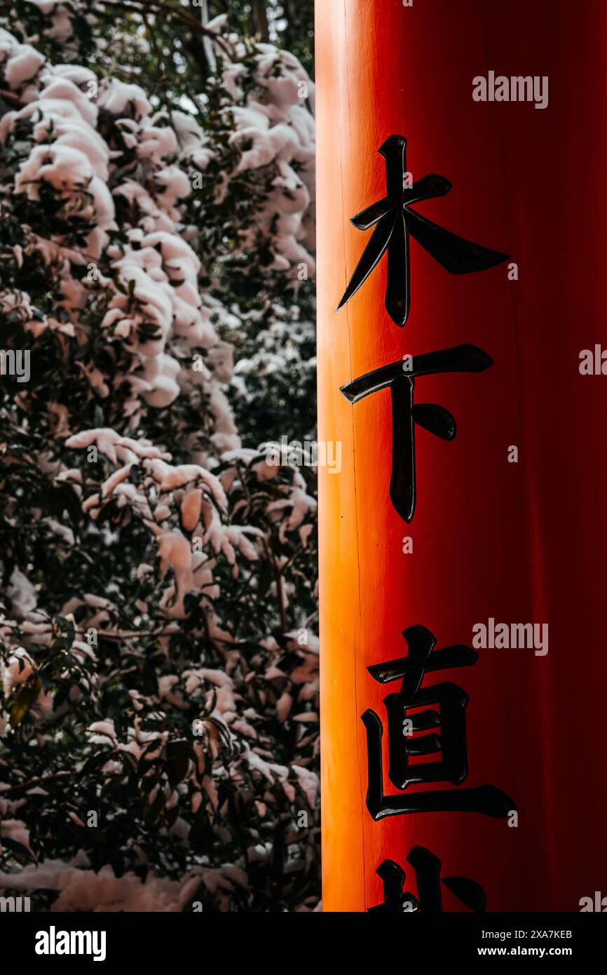 The orii Gate Tunnel Beam with rare winter snow at Fushimi Inari Shrine ...