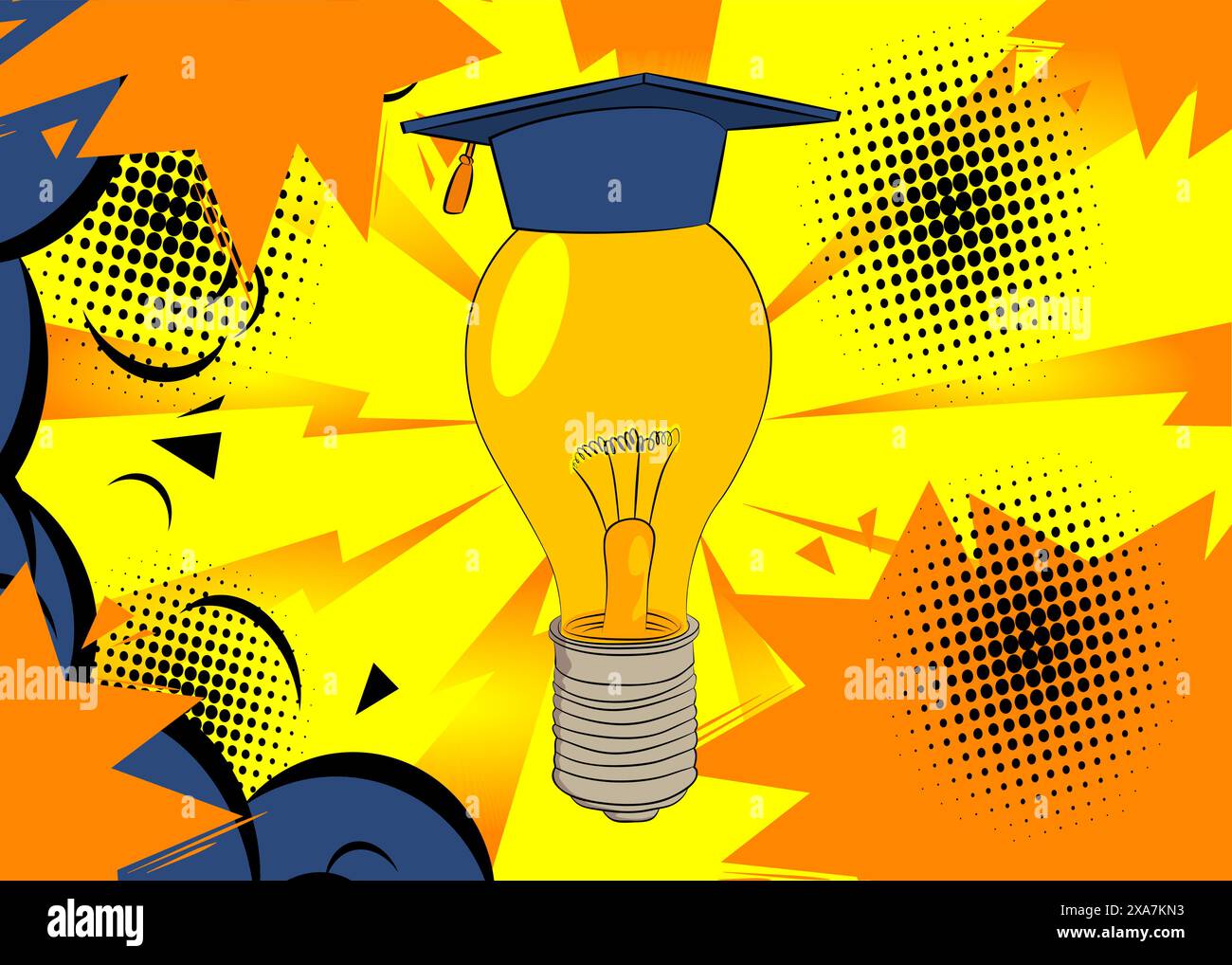 Cartoon Graduation hat on a Light Bulb, comic book Education. Retro ...