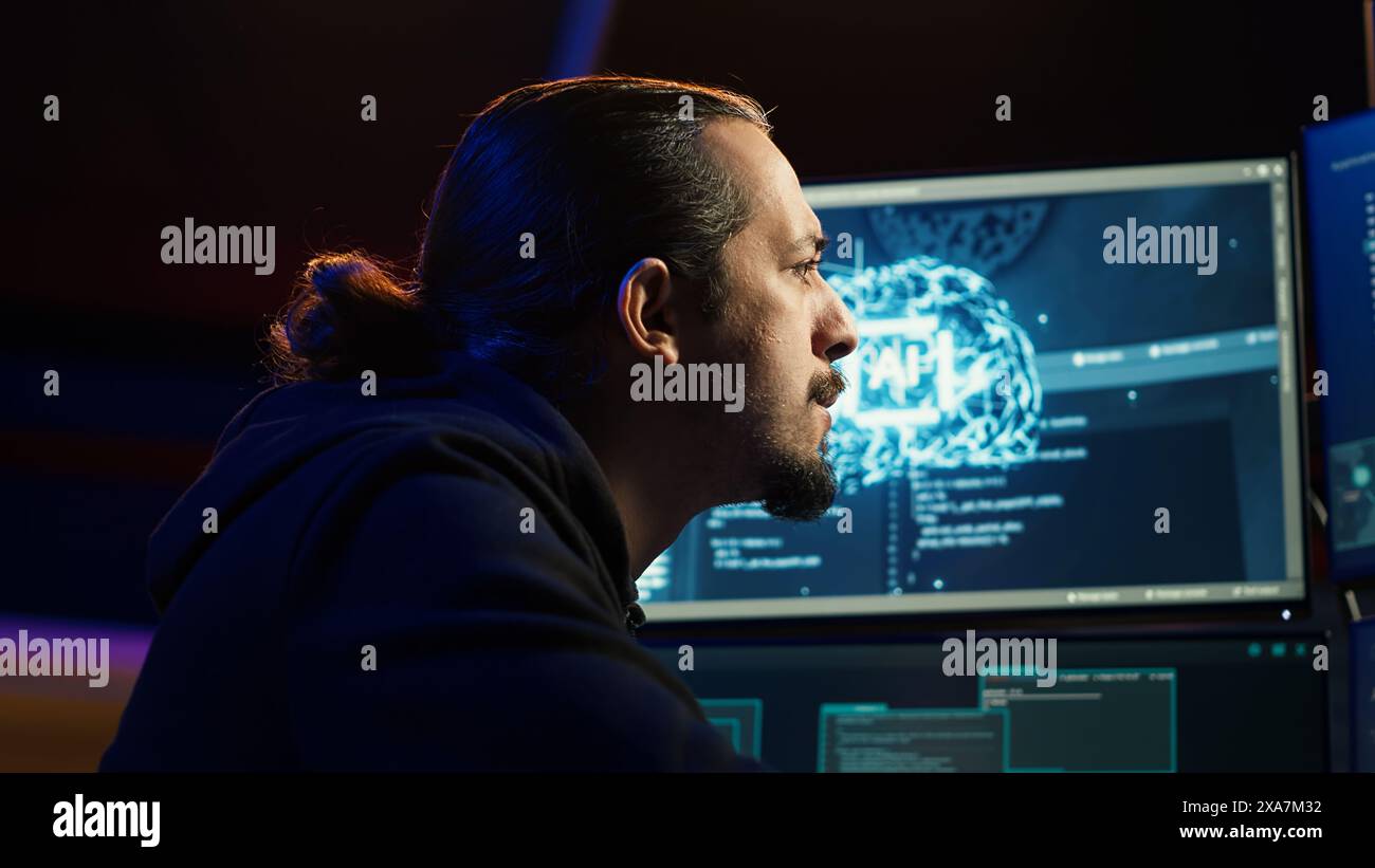 Hacker Using Ai Machine Learning To Find Unpatched Connections And Steal Data Close Up Shot Of