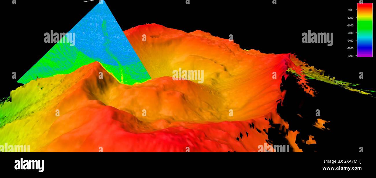 Bathymetric map of an underwater methane seep (green vertical line) on Vailulu’u Seamount, an ...