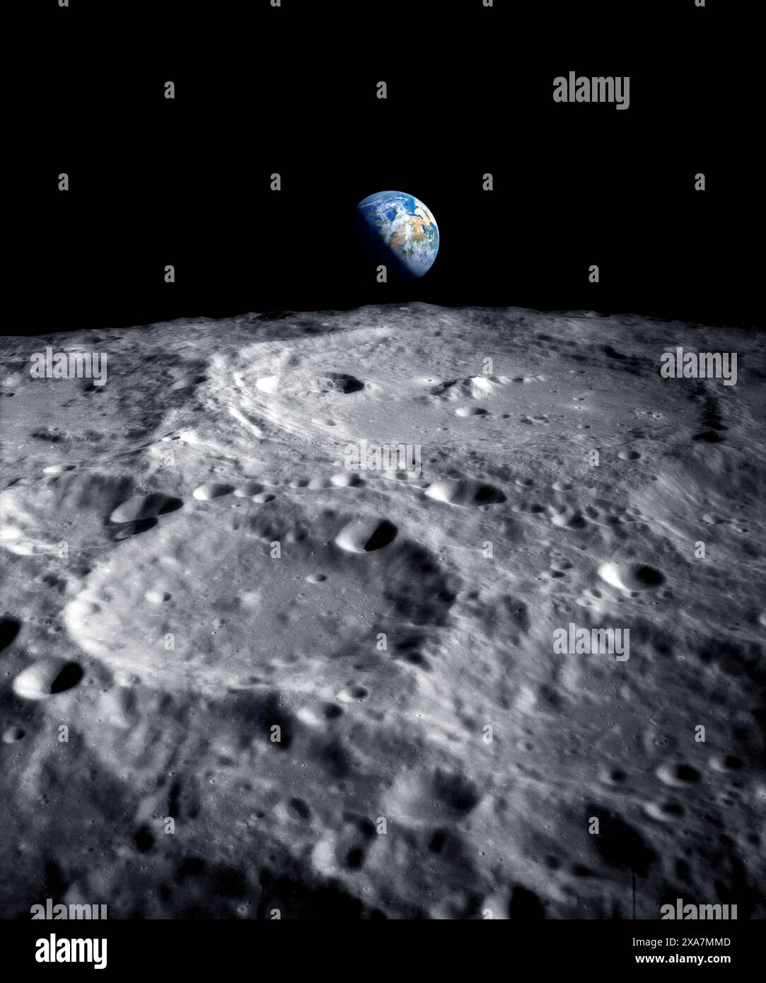 Illustration of Earth sover the lunar north pole. The view shows the ...