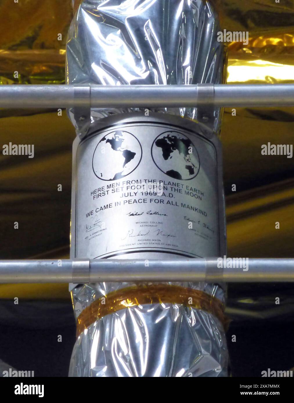 Commemorative plaque on the ladder of the Apollo 11 lunar module Eagle ...