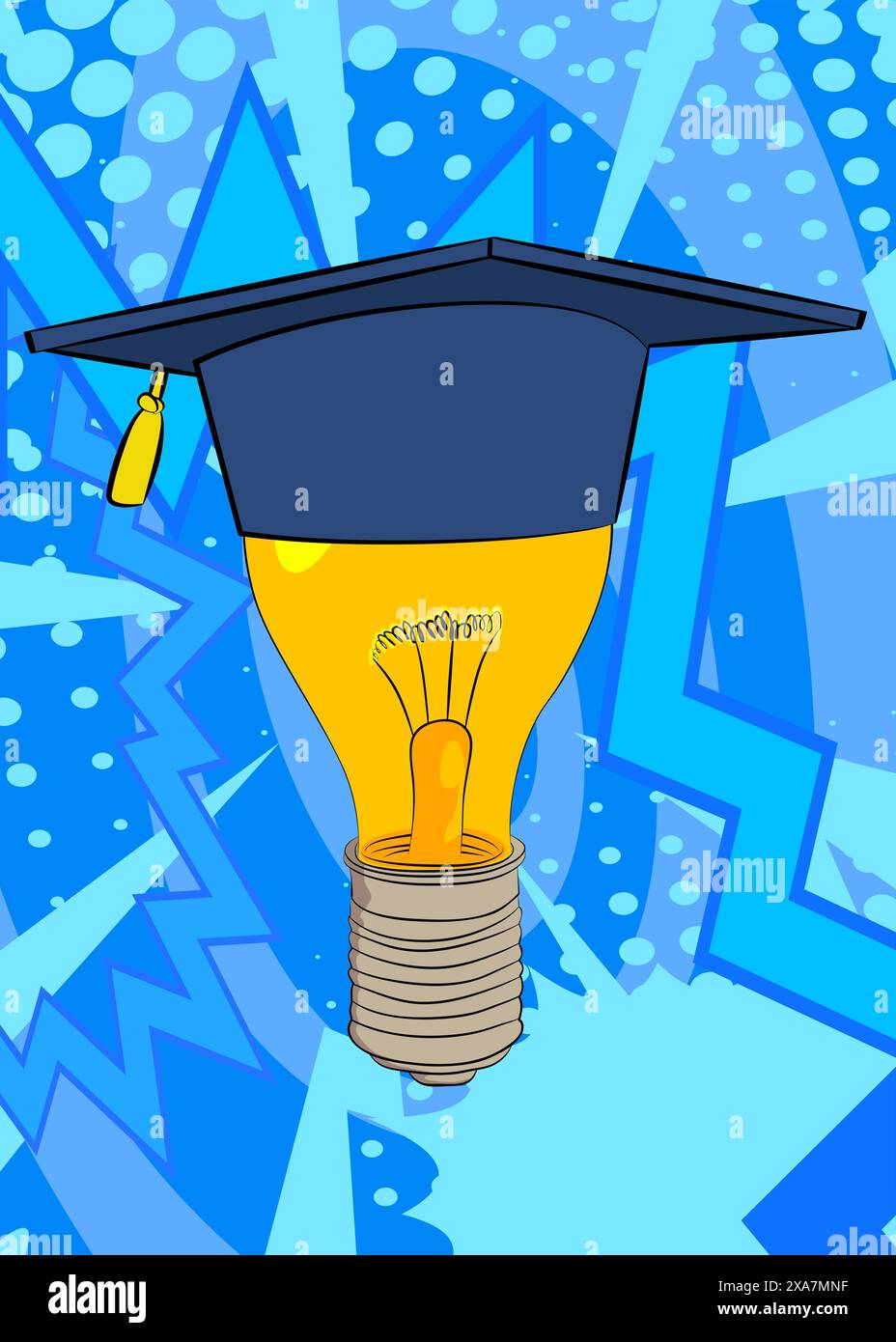 Cartoon Graduation hat on a Light Bulb, comic book Education. Retro ...