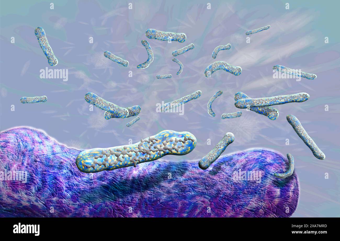 Illustration of RNA (ribonucleic acid) obelisks beside a bacterium ...