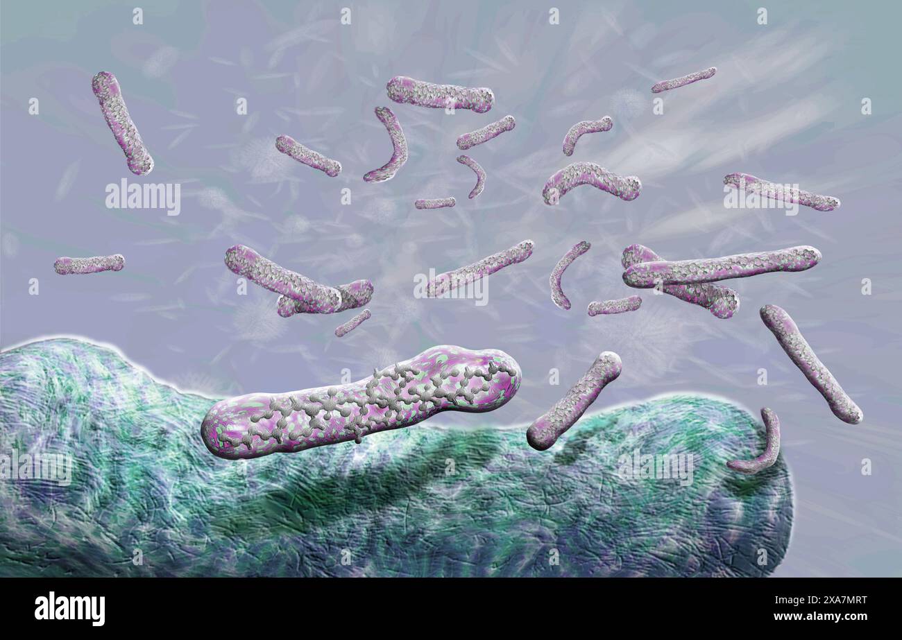 Illustration of RNA (ribonucleic acid) obelisks beside a bacterium ...
