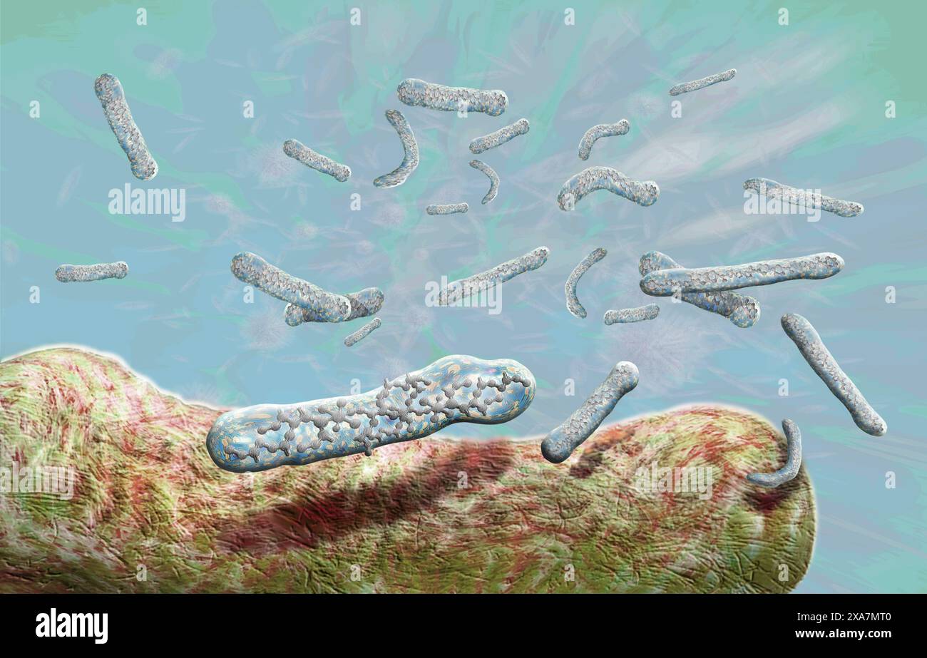 Illustration of RNA (ribonucleic acid) obelisks beside a bacterium ...