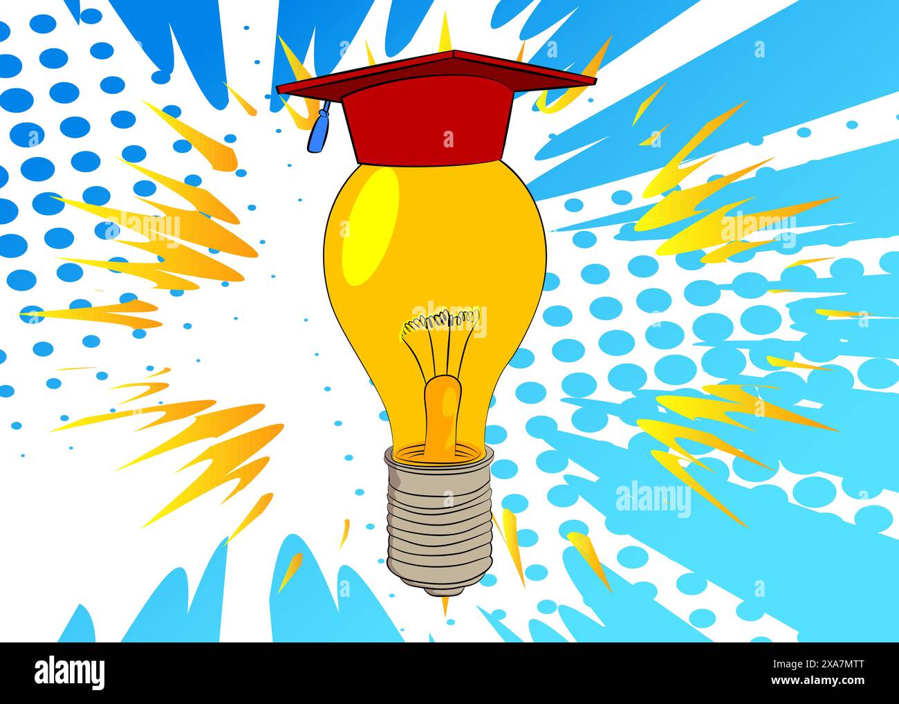 Cartoon Graduation hat on a Light Bulb, comic book Education. Retro ...