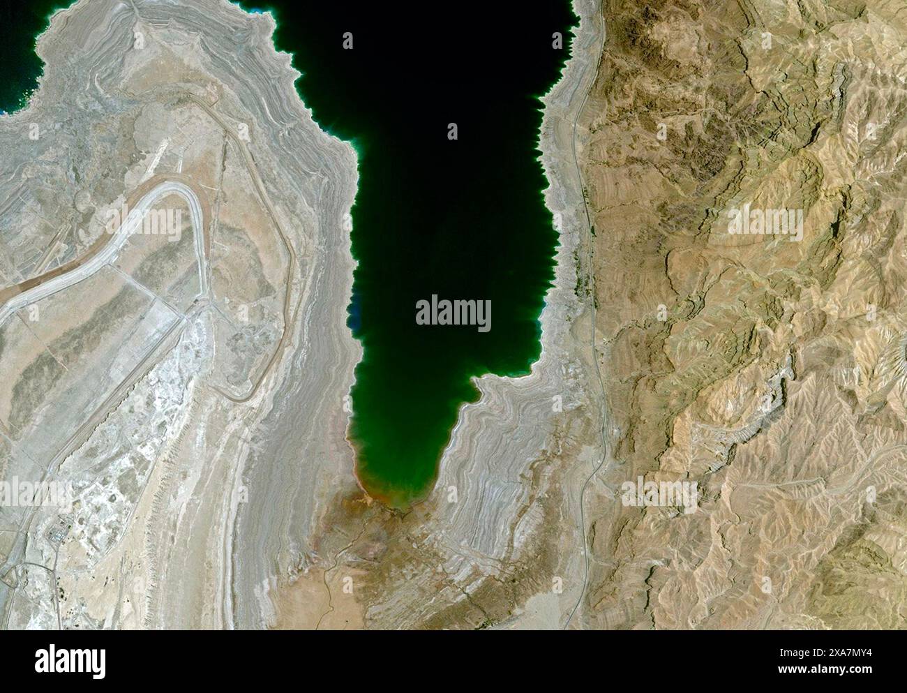 Satellite image of the Dead Sea in April 2024. The Dead Sea is a ...