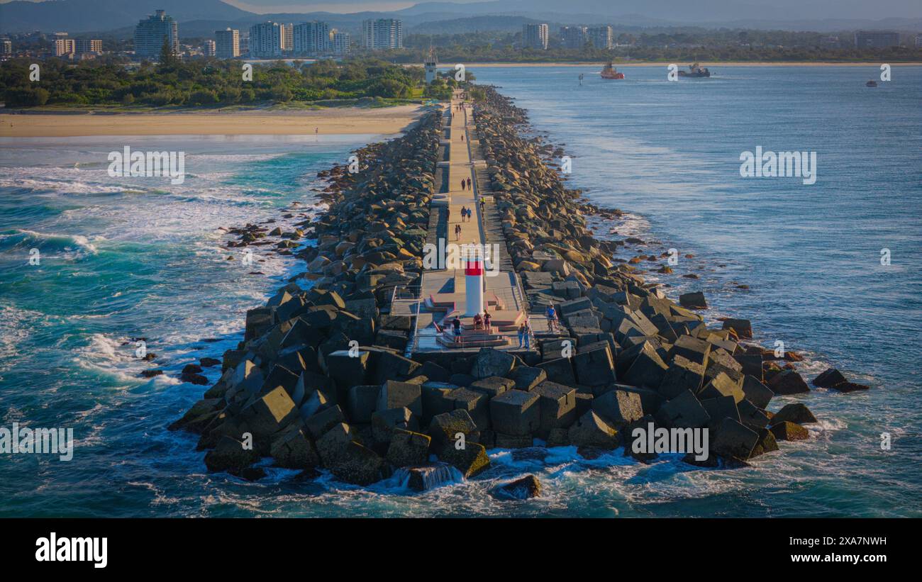 An aerial shot of a lighthouse n the Spit of the famous Gold Coast in ...