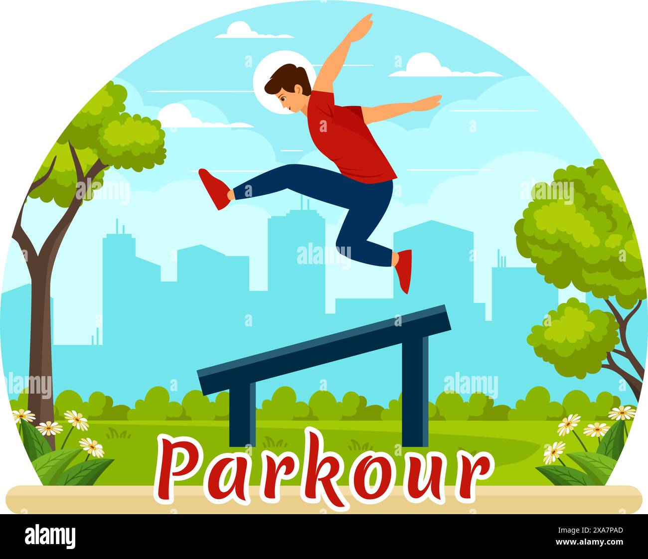 Parkour Sports Vector Illustration featuring Young Men Jumping Over ...
