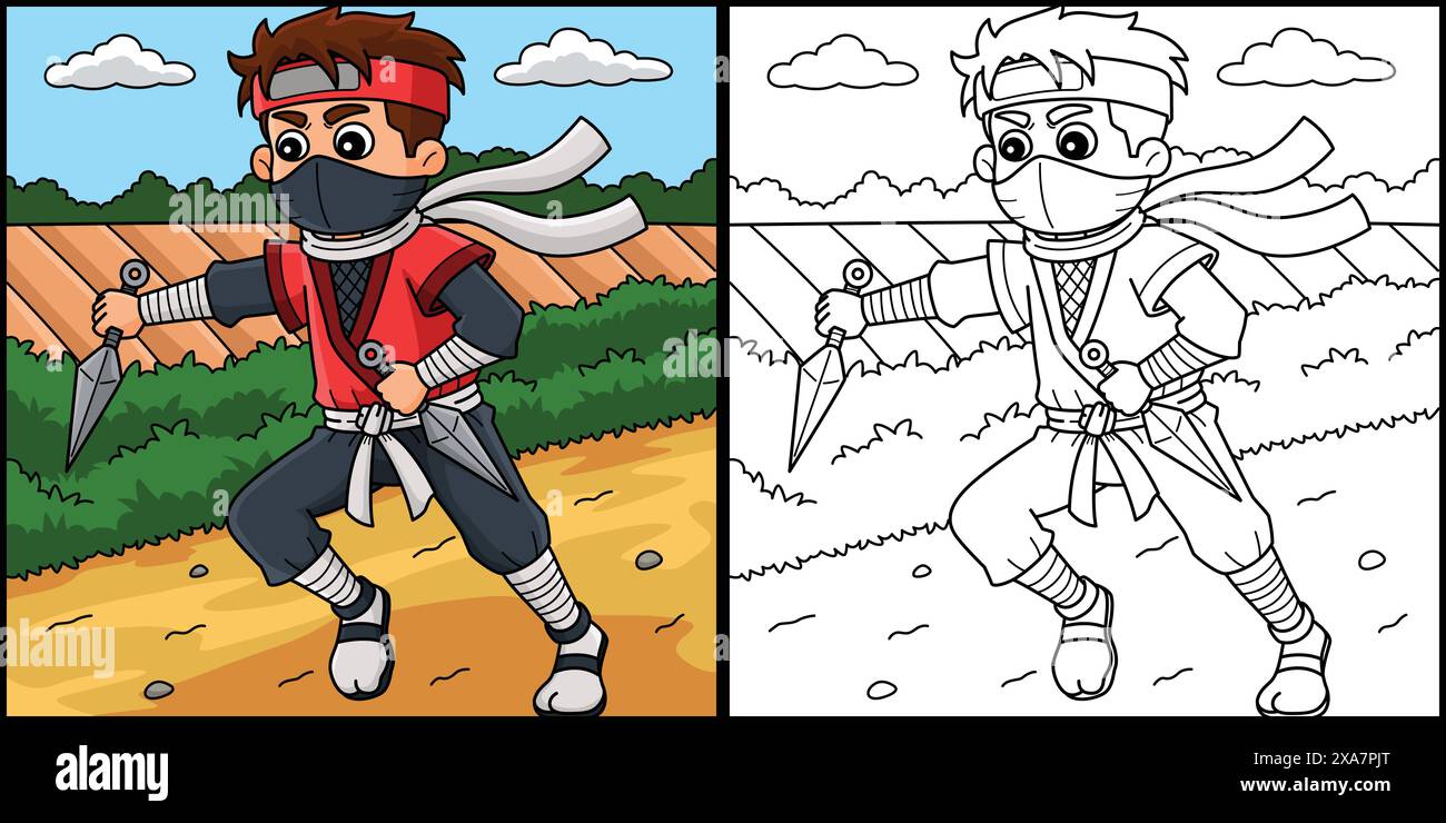 Ninja Holding a Kunai Coloring Page Illustration Stock Vector Image ...