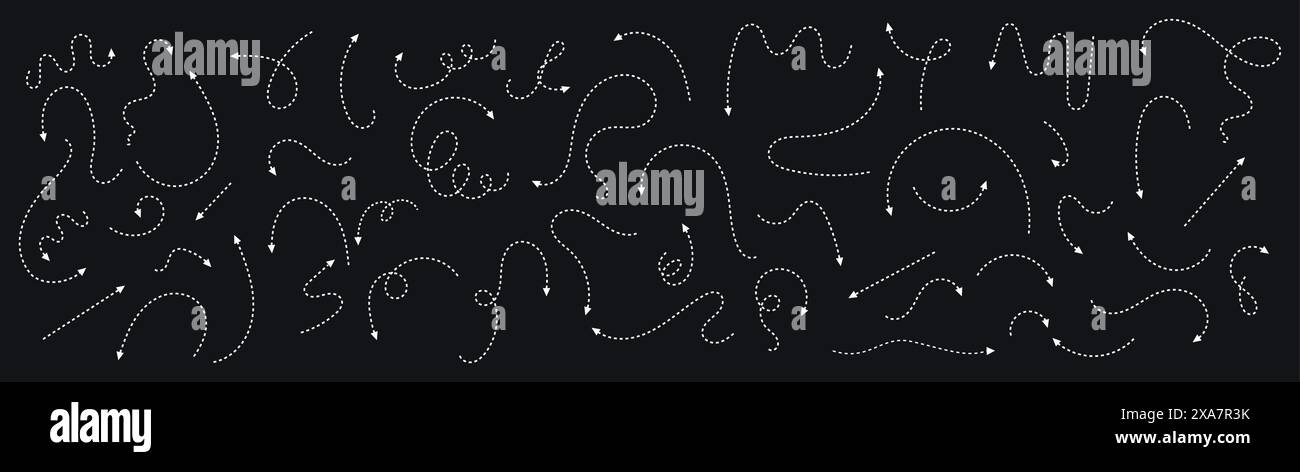 Set of hand drawn thin dash line arrows. Collection of curved pointers ...