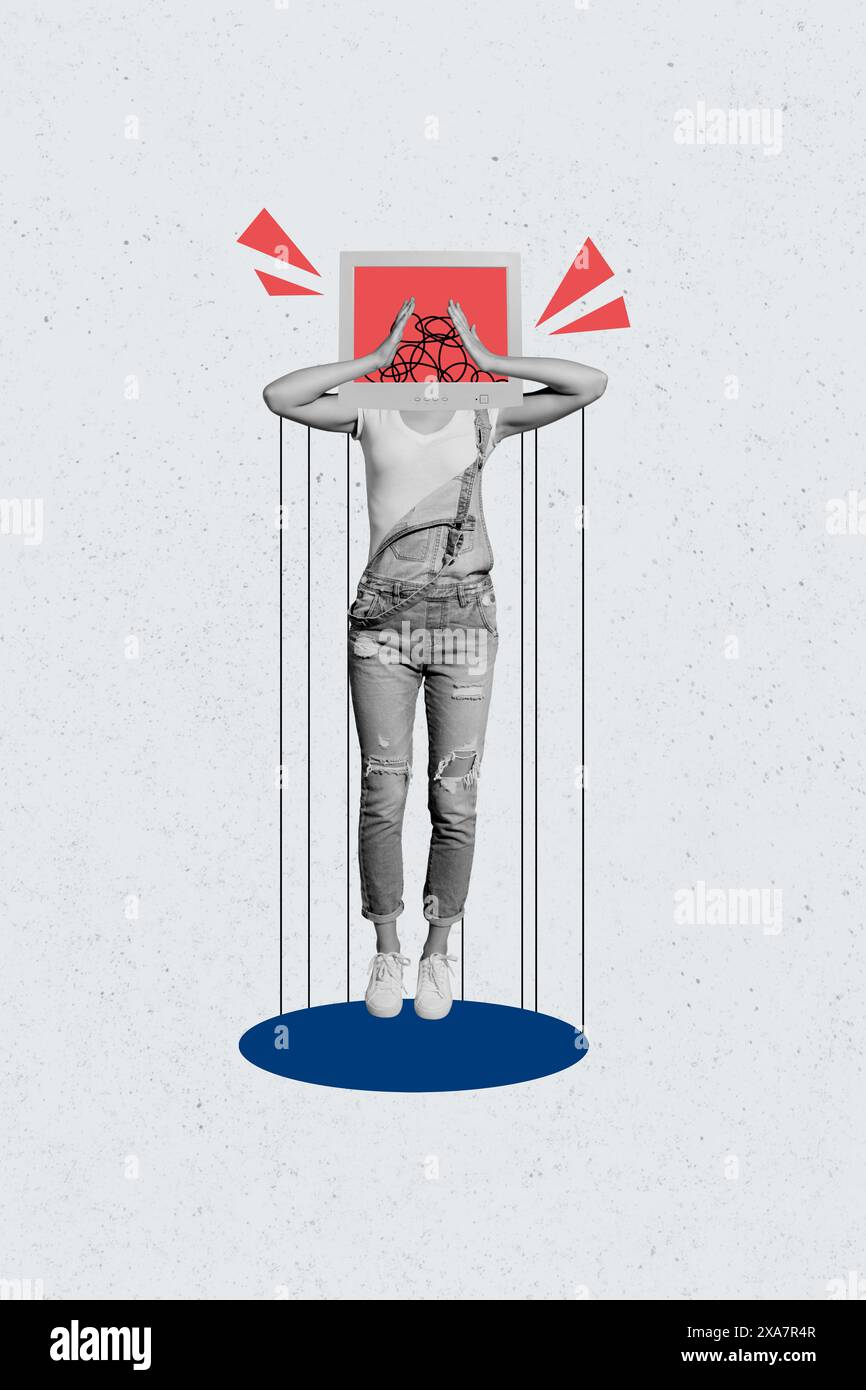 Vertical collage poster headless woman computer screen digital device ...