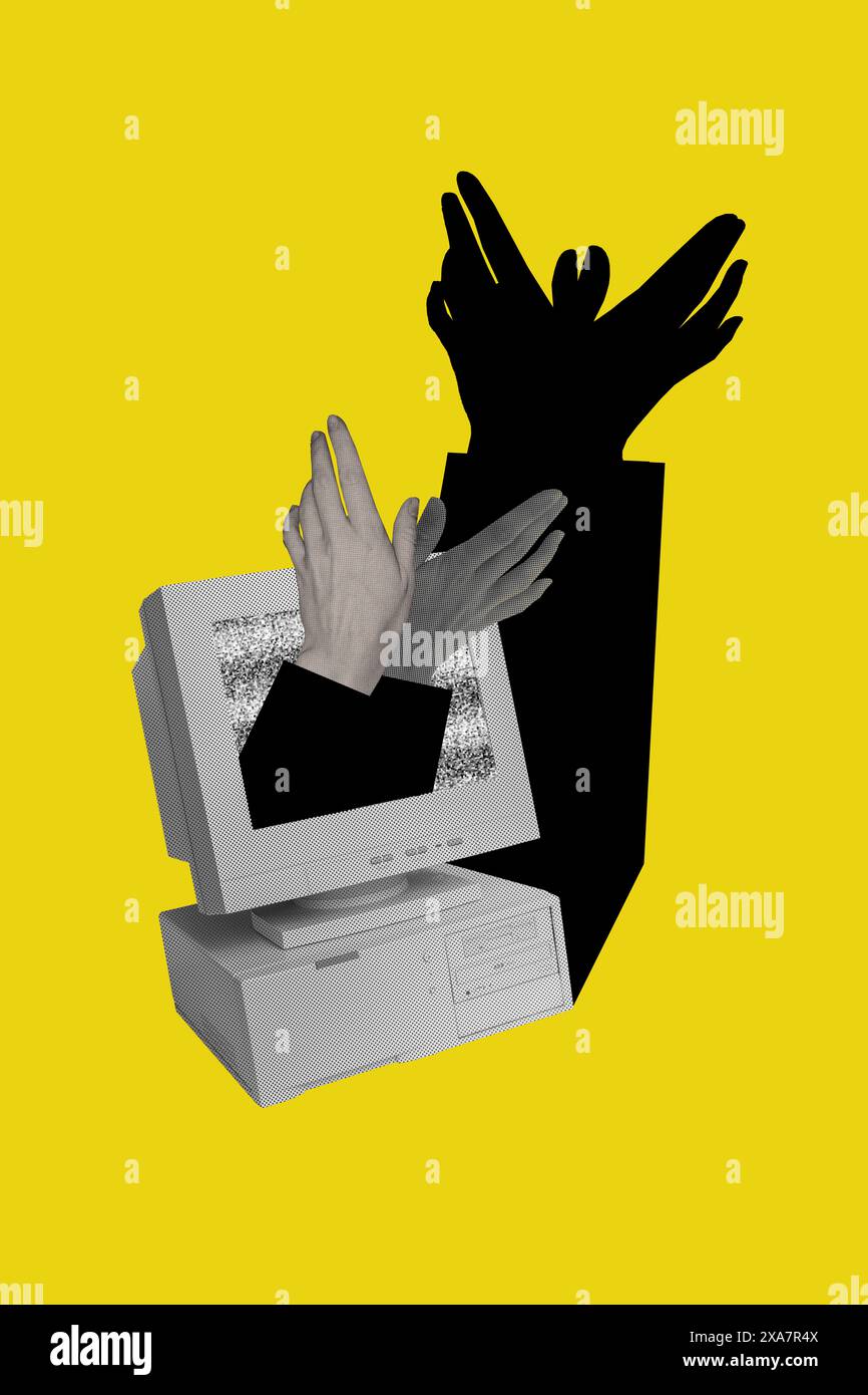 Composite collage image of old computer monitor white noise hands wings ...