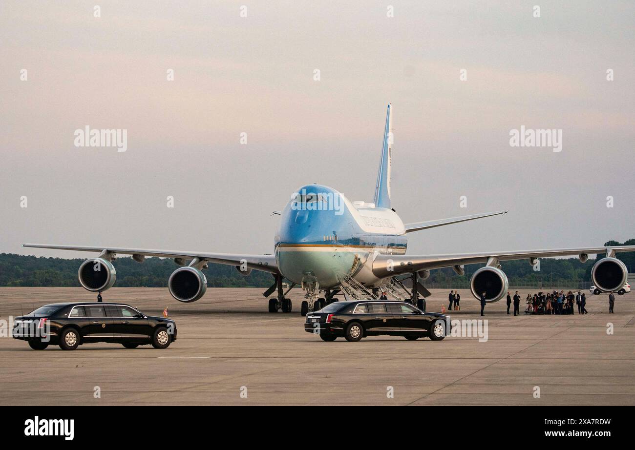 The presidential limousine, known as “The Beast,” drives past Air Force ...