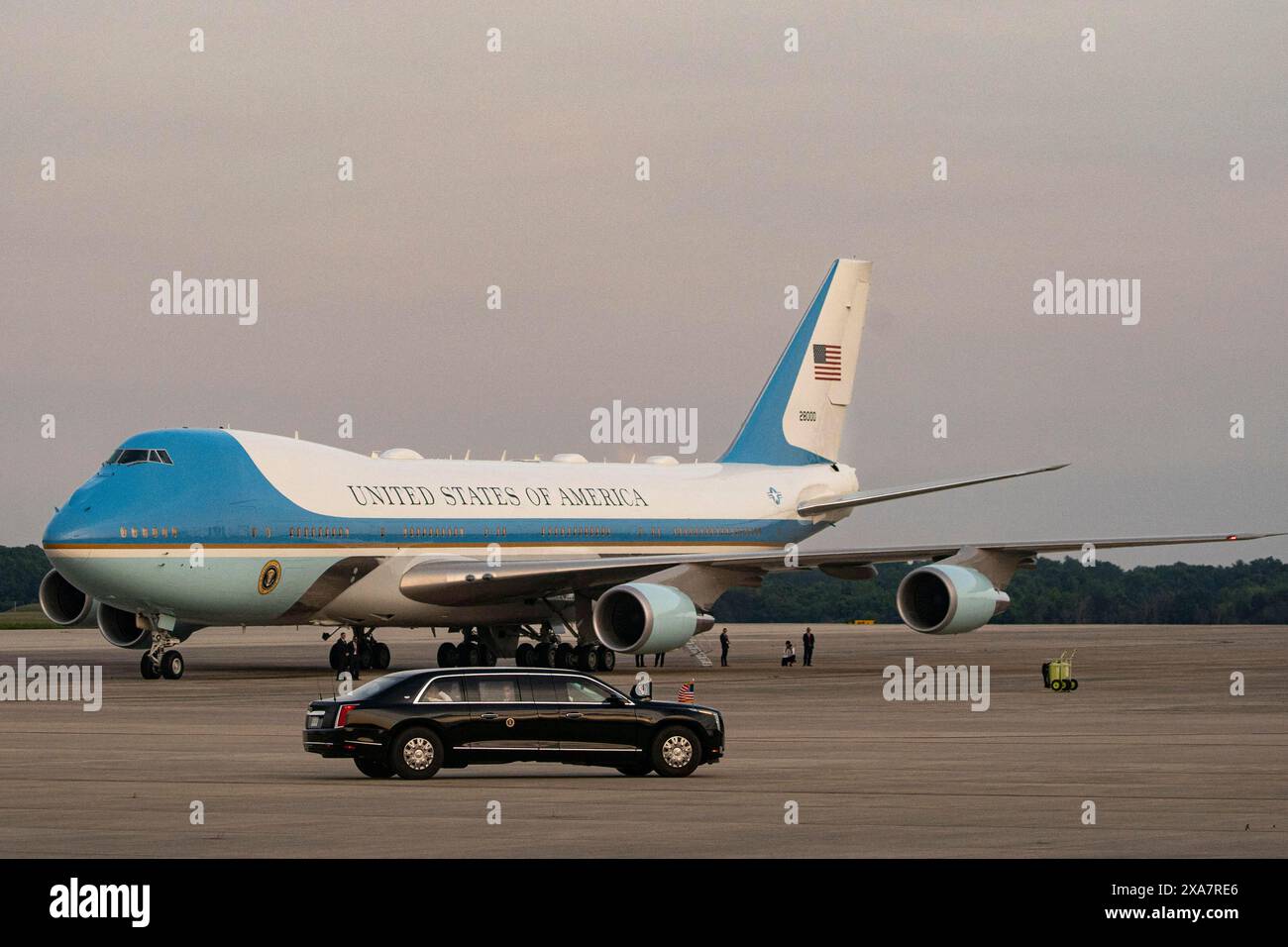 The presidential limousine, known as “The Beast,” drives past Air Force ...