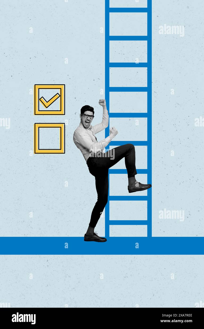 Vertical collage young ambitious cheerful man entrepreneur ladder ...